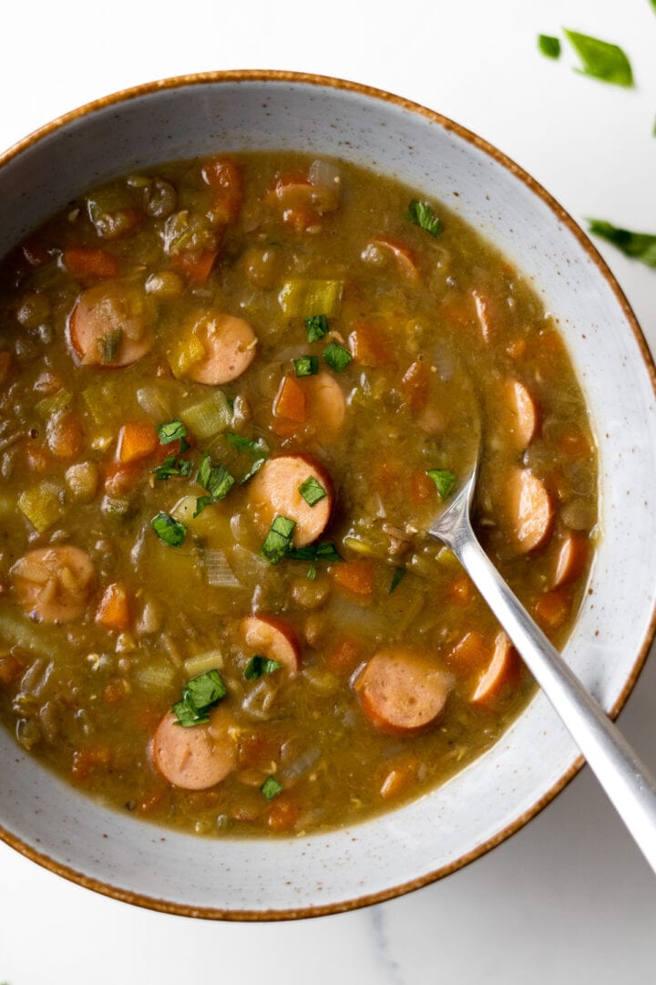 German Sausage Lentil Soup - Bites of Beri